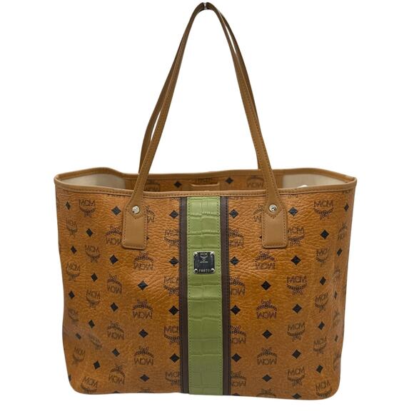 MCM | Bags | Mcm Visetos Monogram Crocodile Embossed Striped Tote Bag ...